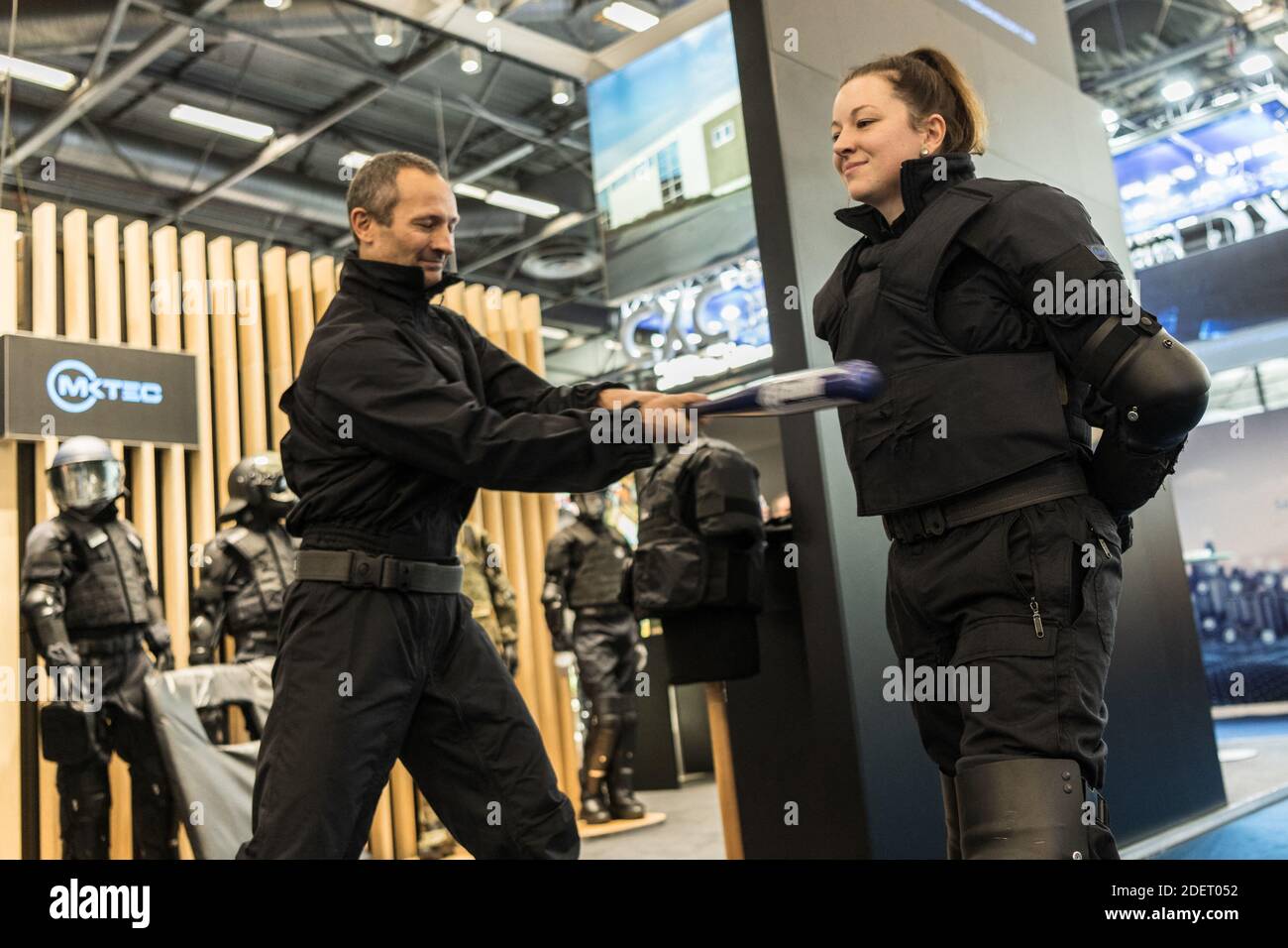 Member of the German Police makes a demonstration of their anti riot ...