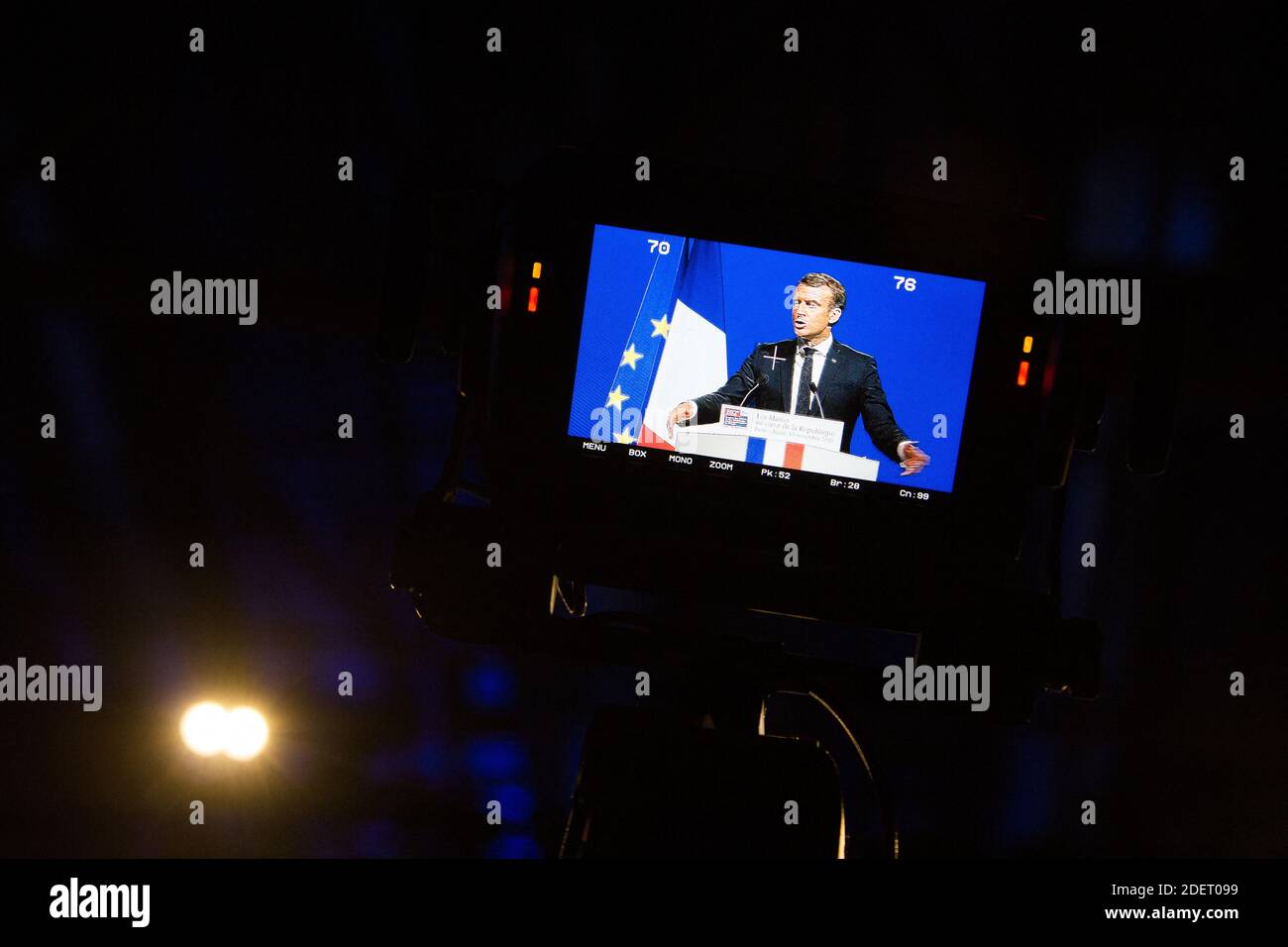 French president Emmanuel Macron give a speech on a camera during the ...