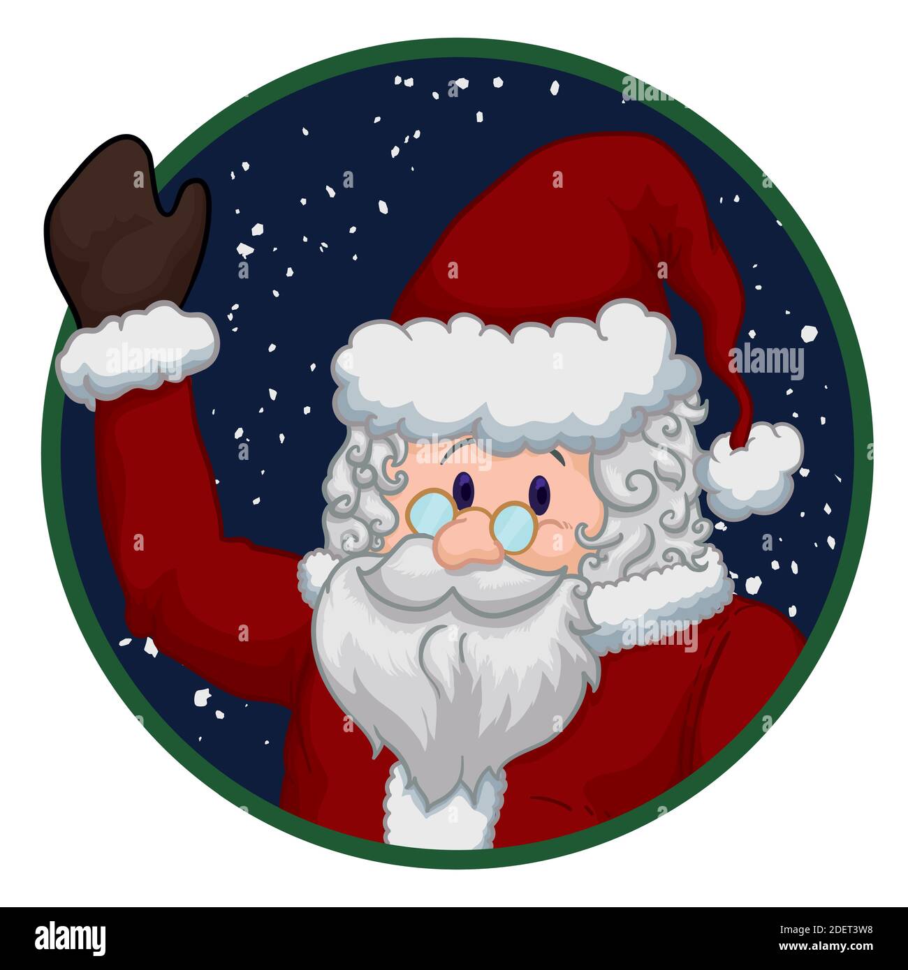 Button with cute Santa Claus saluting at you in a night with snowfall ...