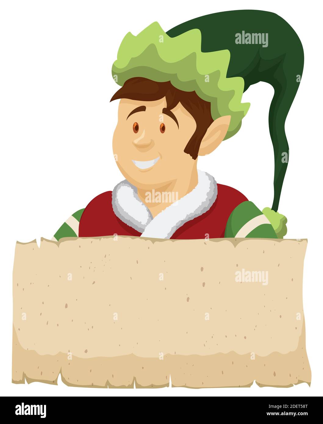 Smiling Santa's helper elf man behind greeting scroll template with ...