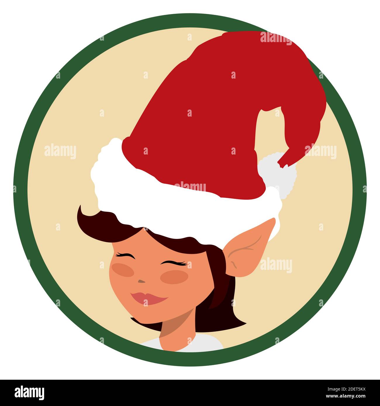 Smiling Santa's female helper elf with red long hat and pompom inside ...