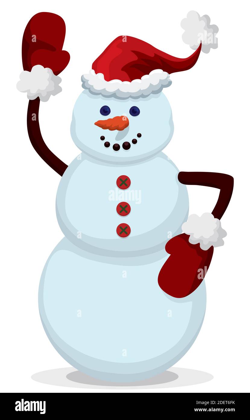 Cute and smiling snowman decorated with Santa's hat, gloves, buttons ...