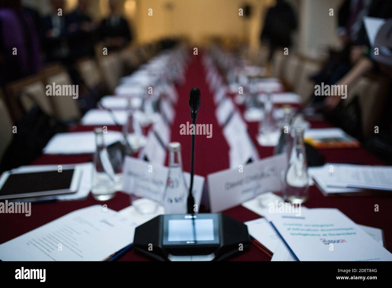A microphone on a table during a visit of French Ministers at the ...
