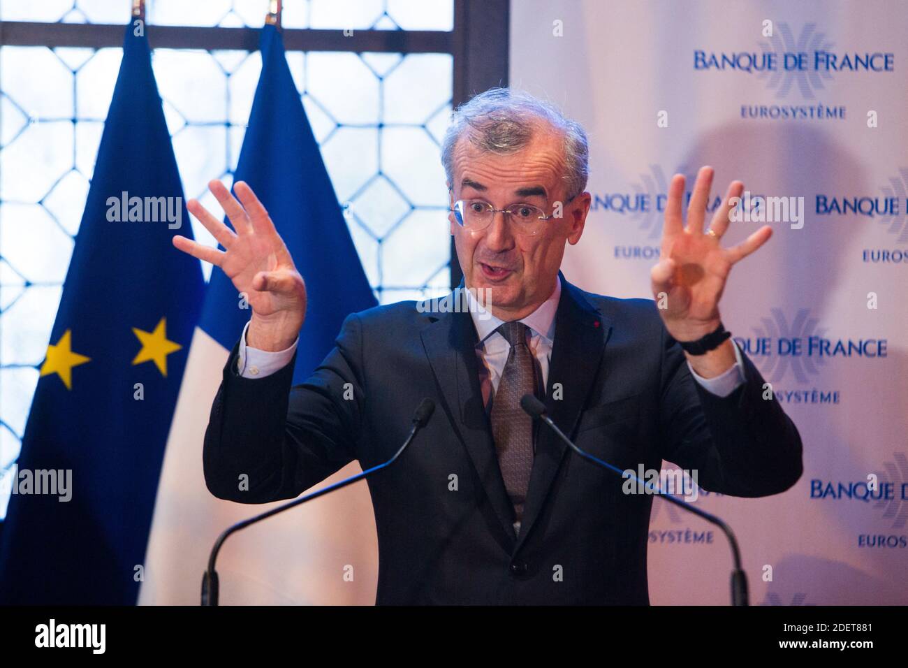 Governor of the Banque de France François Villeroy de Galhau gestures ...