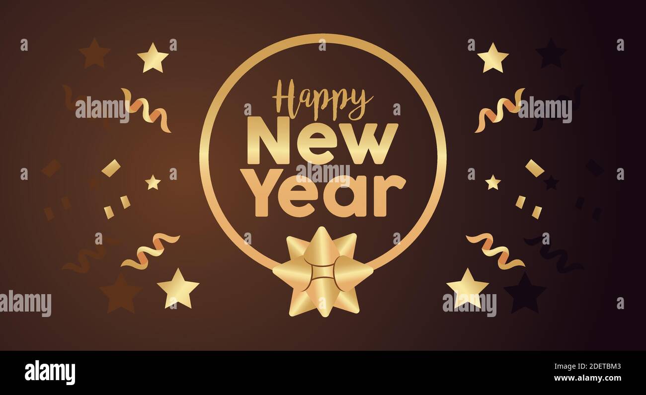 happy new year golden lettering with confetti in circular frame vector ...