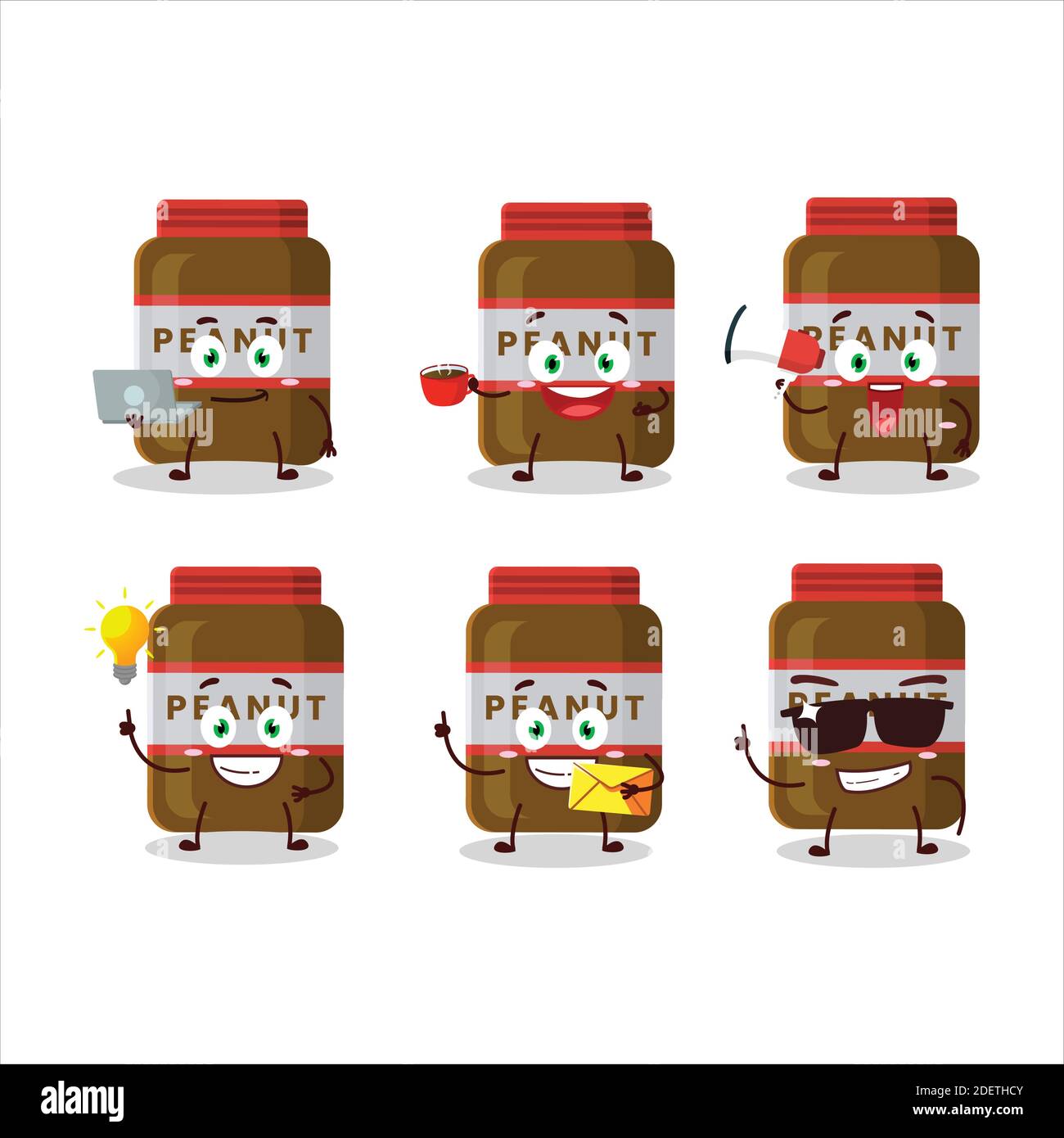 Peanut jar cartoon character with various types of business emoticons ...
