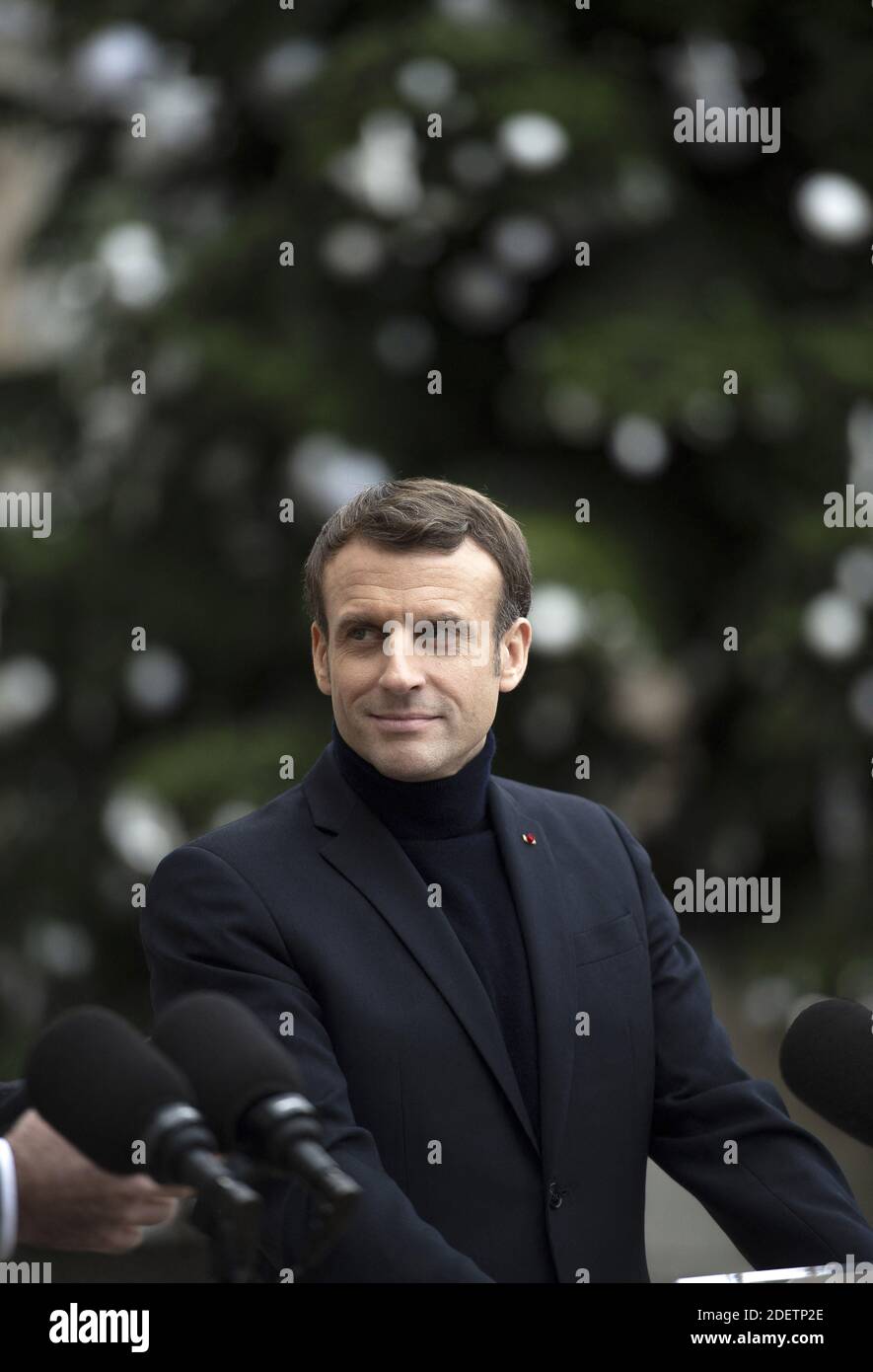 French President Emmanuel Macron speaks at Elysee Palace in Paris ...