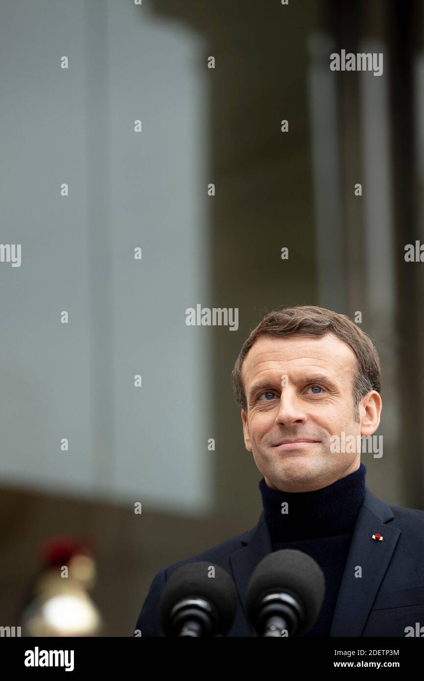 French President Emmanuel Macron speaks at Elysee Palace in Paris ...