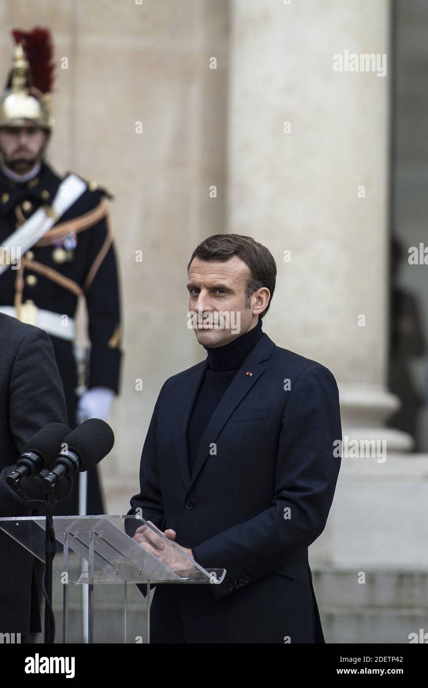 French President Emmanuel Macron speaks at Elysee Palace in Paris ...