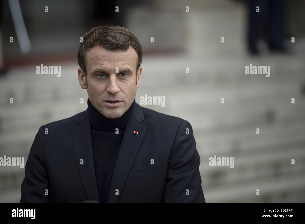 French President Emmanuel Macron speaks at Elysee Palace in Paris ...