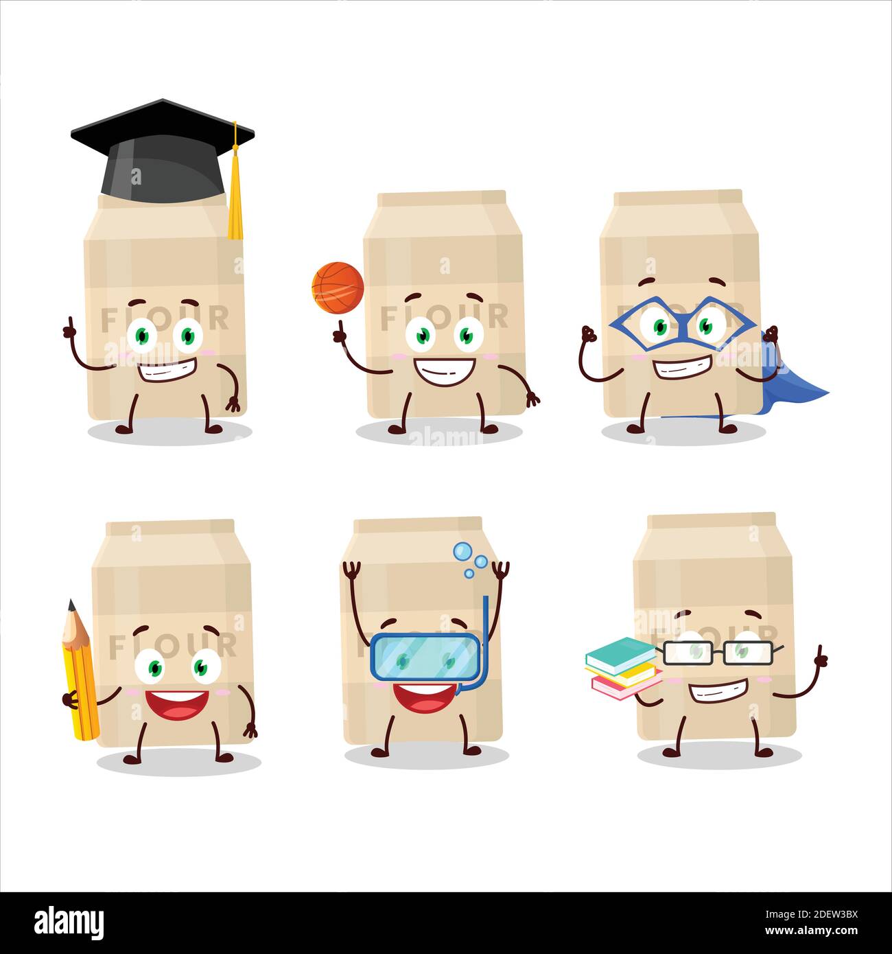 School student of white flour cartoon character with various ...