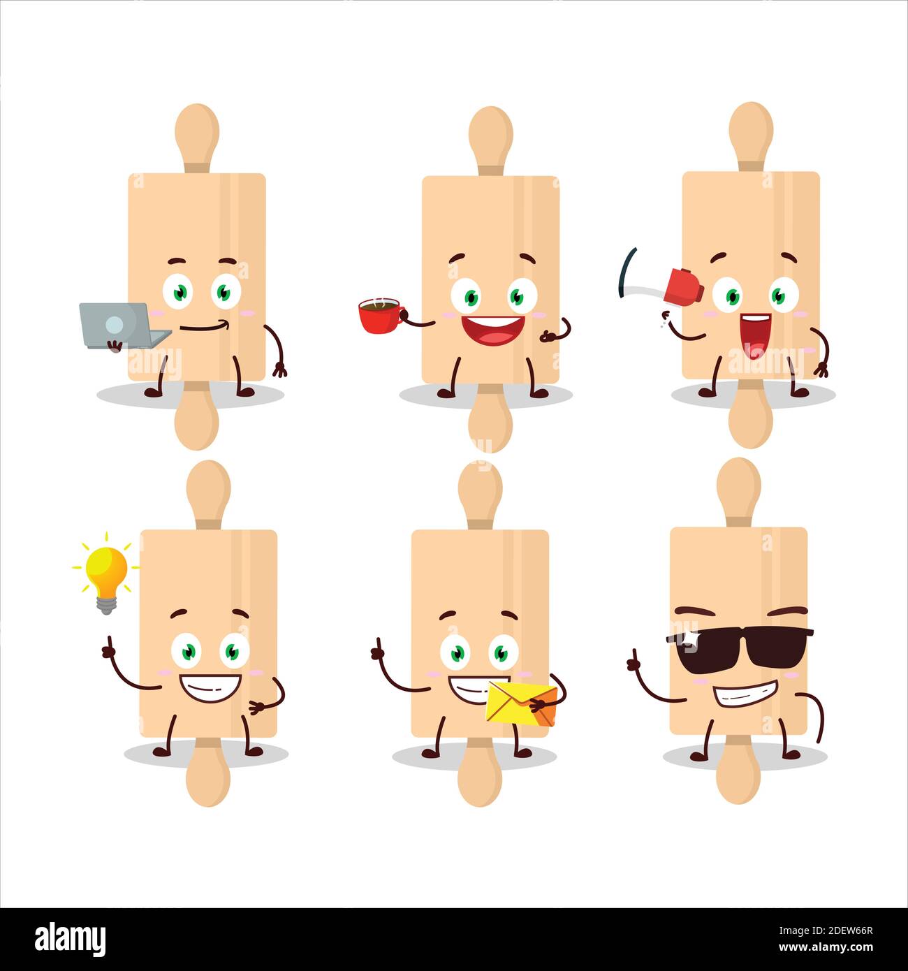 Rolling pin cartoon character with various types of business emoticons ...