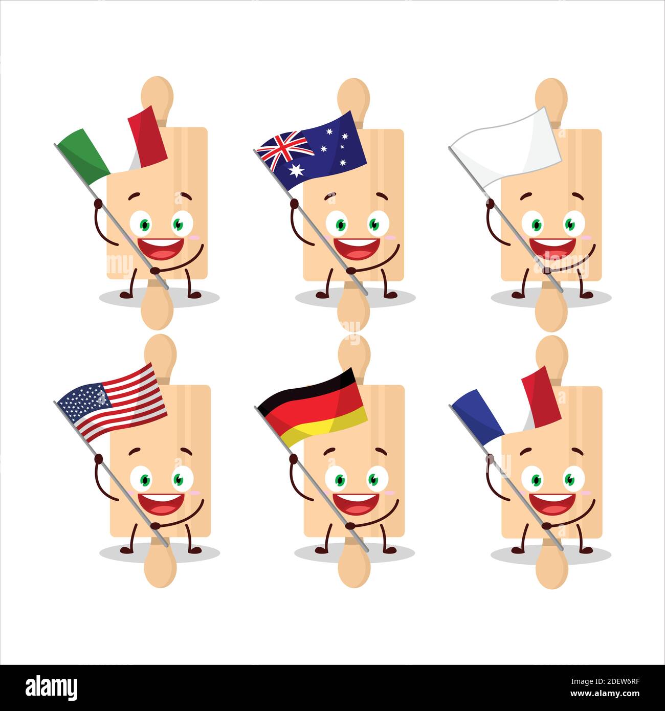 Rolling pin cartoon character bring the flags of various countries ...