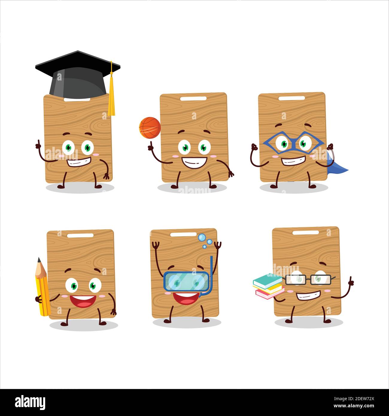 School student of rounded wood cutting cartoon character with various ...