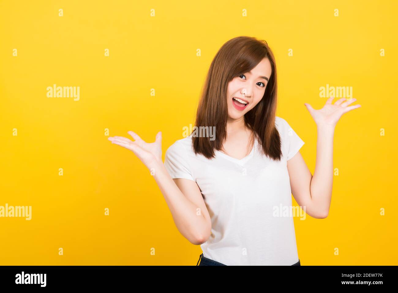 Asian happy portrait beautiful cute young woman teen standing wear t ...