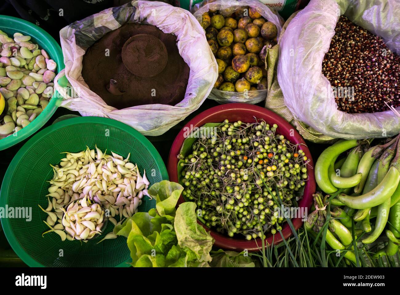 Top view of various vegetables offered on market, Nyaungshwe, Lake Inle ...