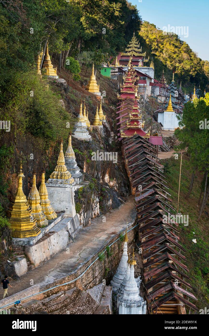 Covered staircase leading to Pindaya caves from village, Pindaya ...