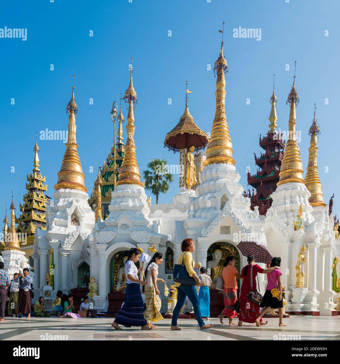 White Buddhist temple at Shwedagon Pagoda complex, Yangon, Myanmar ...