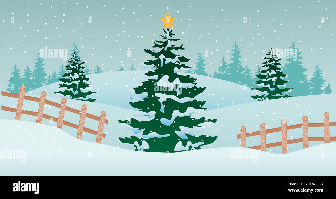 beautiful winter landscape scene with christmas tree and fence vector ...