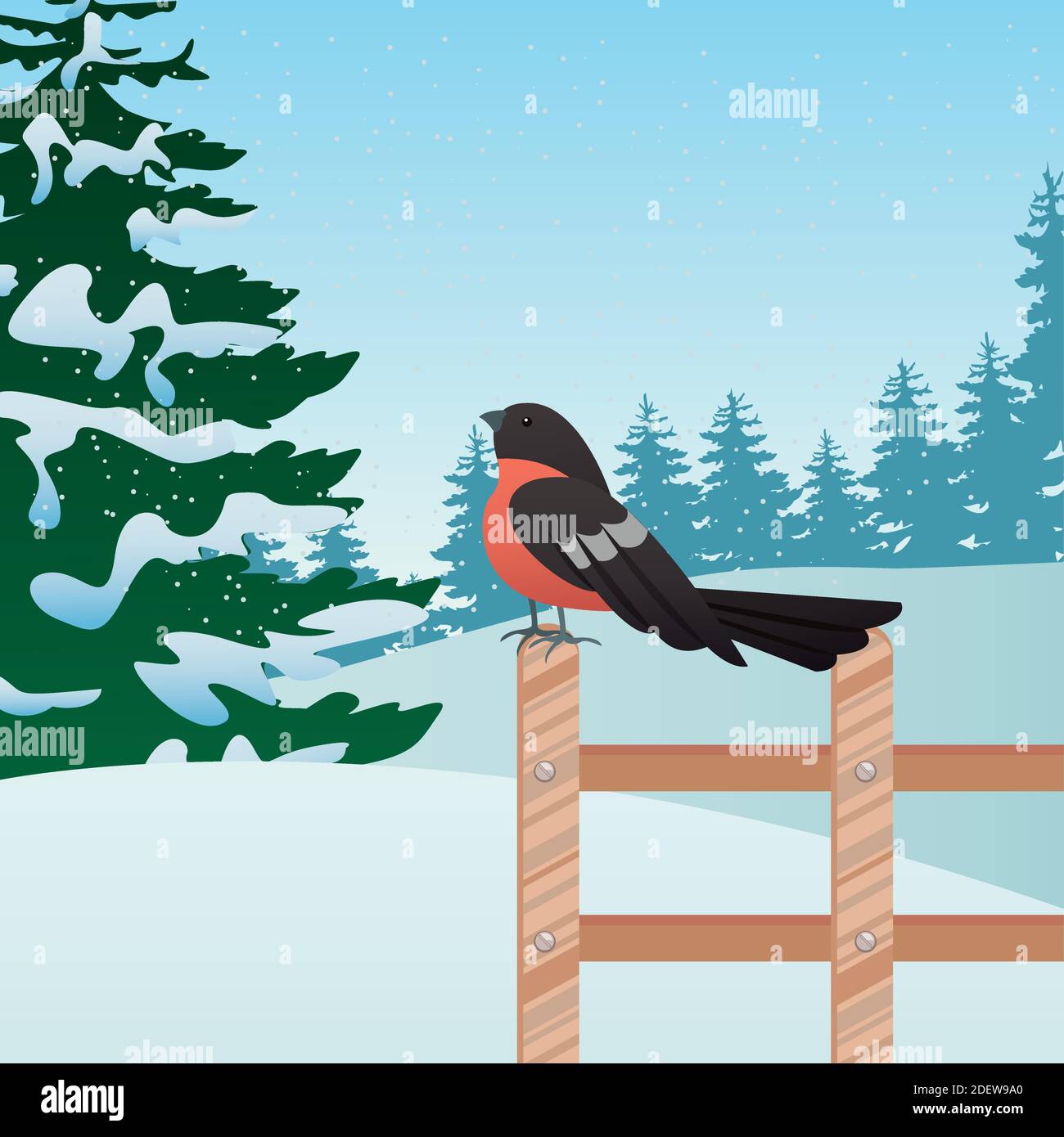 beautiful winter landscape scene with tree and robin in fence vector ...