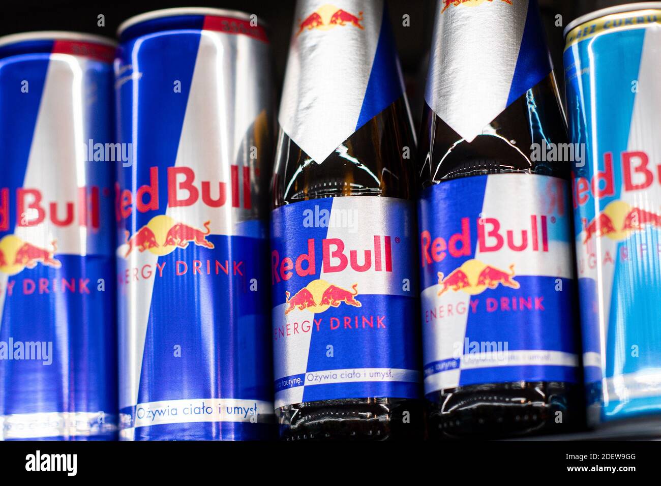 Gdansk, Poland. 01st Dec, 2020. Red Bull bottles and cans seen at the ...