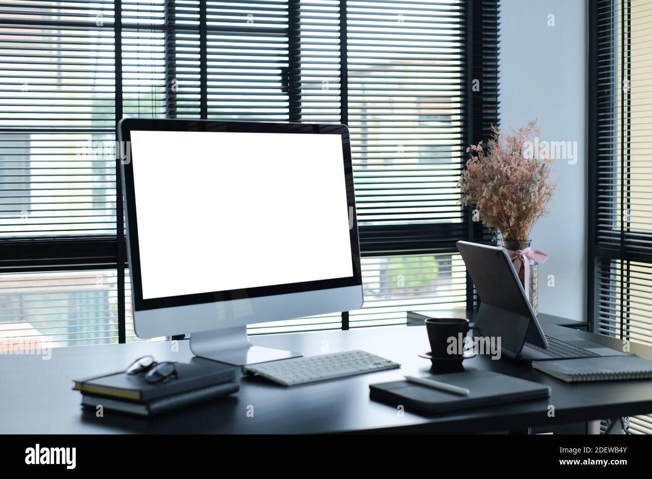 Contemporary workspace with isolated white display computer and office ...
