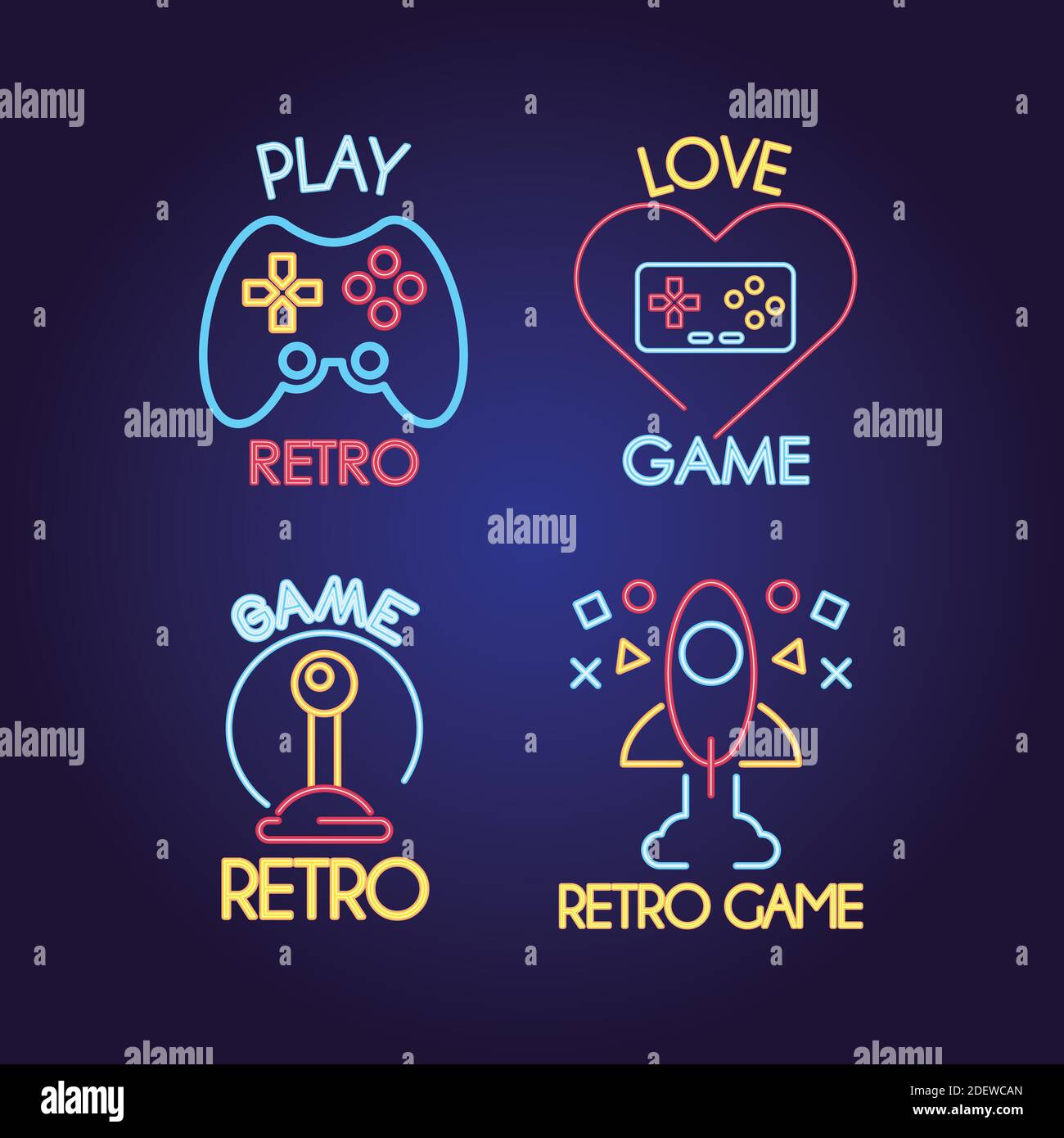 bundle of four video game neon style icons and letterings vector ...