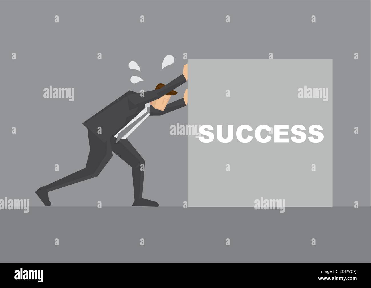 Side view of business professional pushing hard on a block with text ...