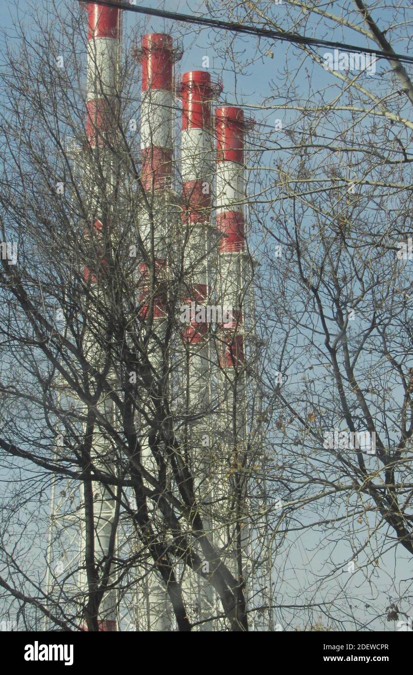 four red and white industrial chimneys behind tree branches, pollutant ...