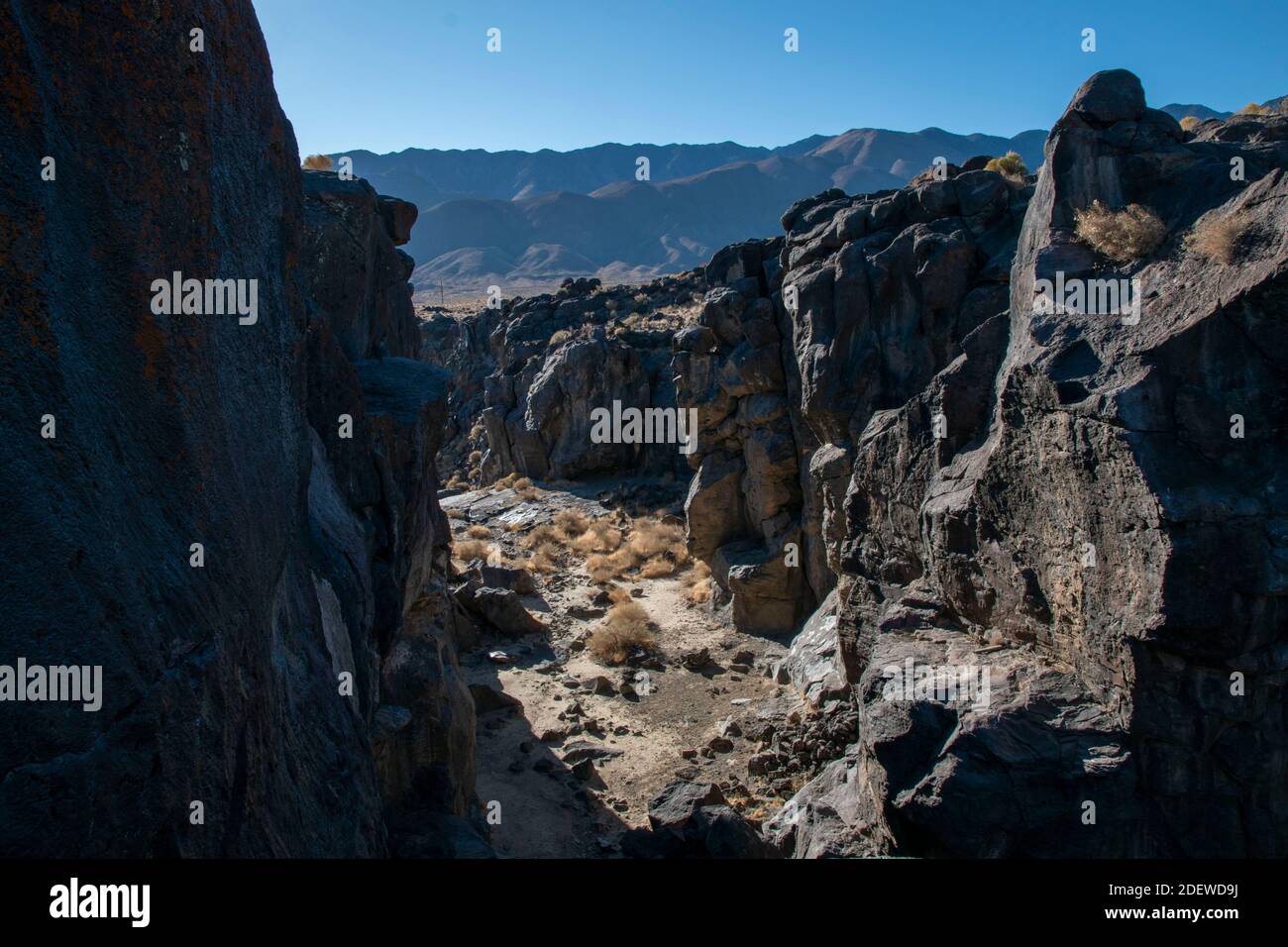 Fossil Falls is a dry riverbed that at one point featured a waterfall ...
