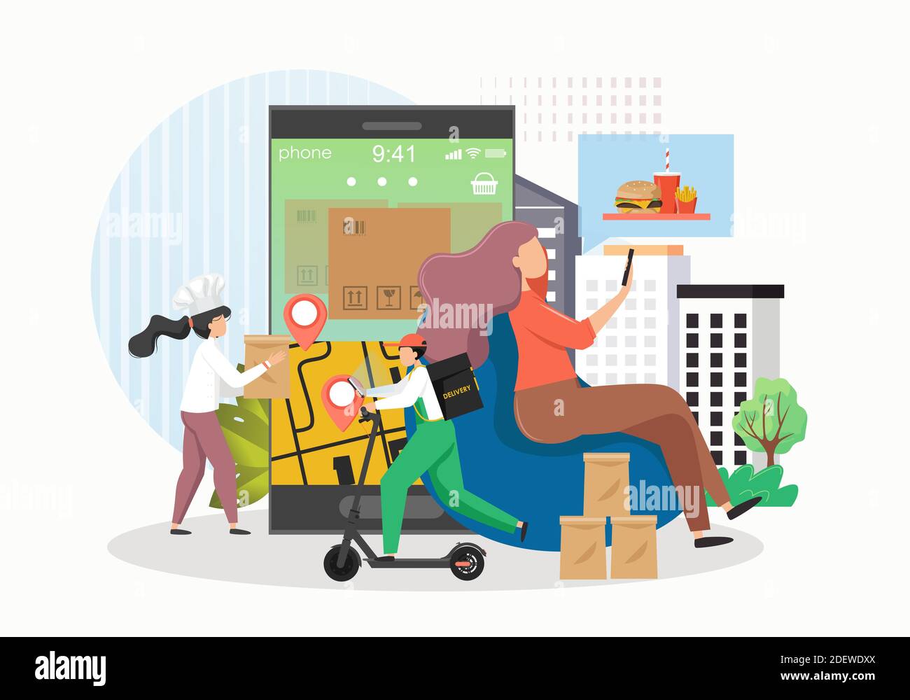 Girl making order, chef preparing, courier delivering fast food, flat ...