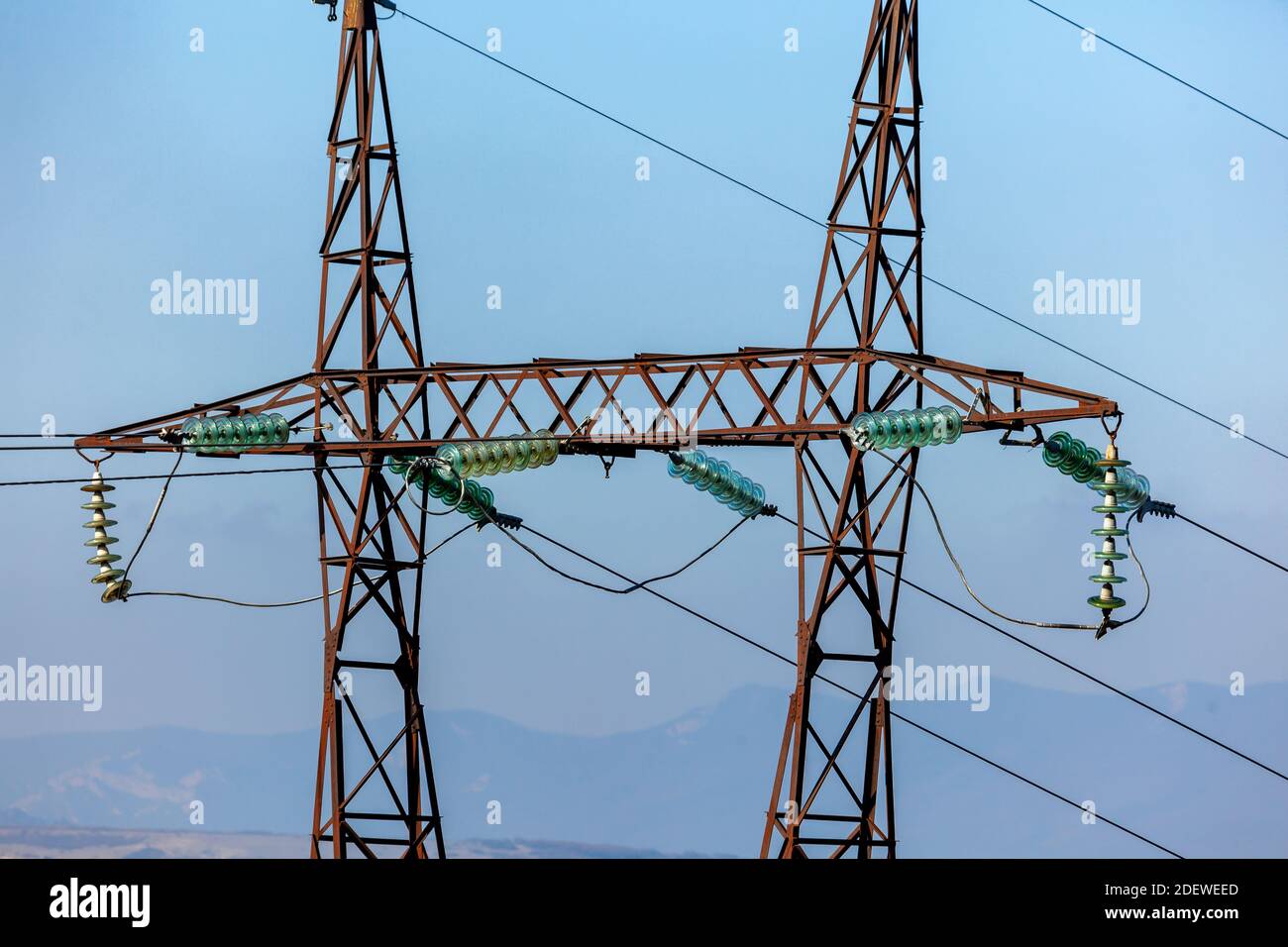 Power lines on metal poles with powerful power wires. Electrisity Stock ...