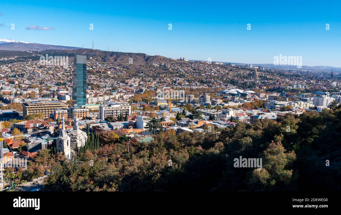 Panorama view of Tbilisi. Modern landmark - high-rise hotel, Georgia ...