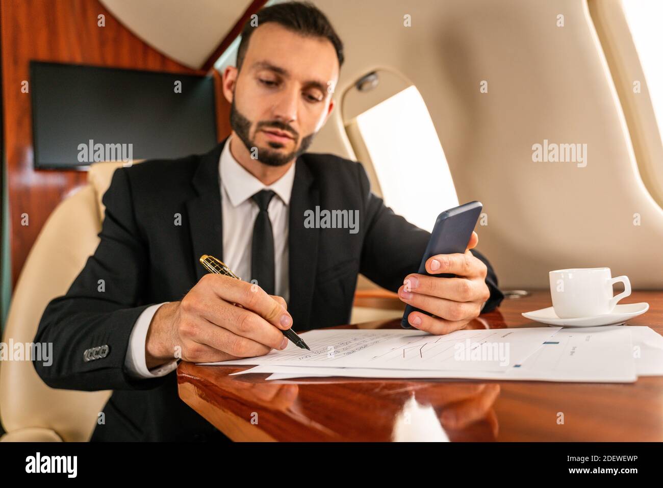 Handsome businessman wearing elegant suit flying on exclusive private ...
