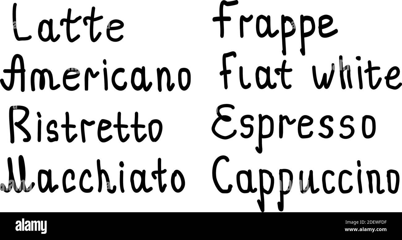 Hand drawn lettering. Words: americano, cappuccino, espresso, latte ...