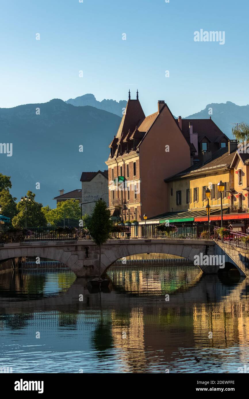 Annecy in France, typical houses in the old center, on the river Stock ...