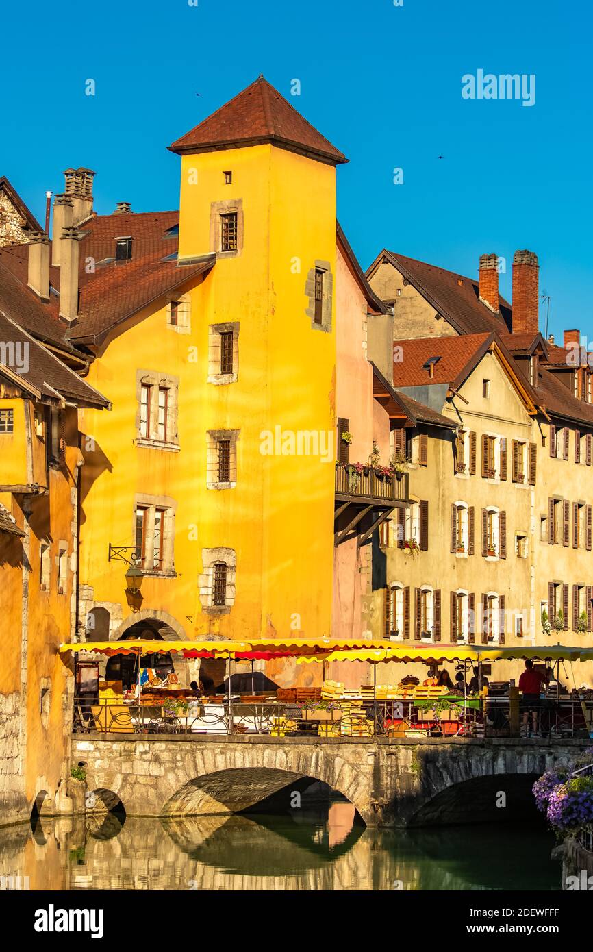 Annecy in France, typical houses in the old center, on the river Stock ...