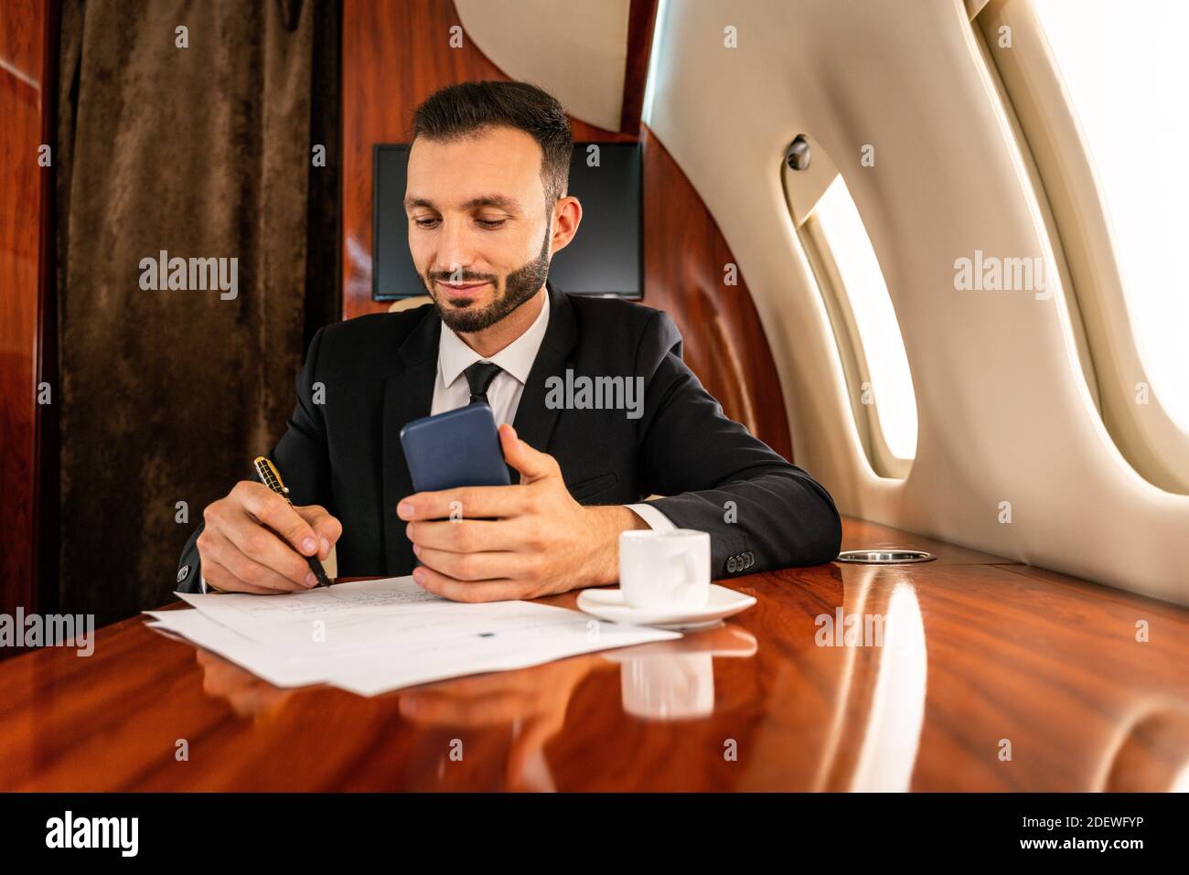 Handsome businessman wearing elegant suit flying on exclusive private ...