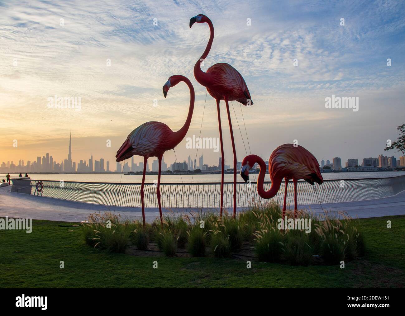 Flamingo figures installation in Dubai creek harbour. UAE Stock Photo ...