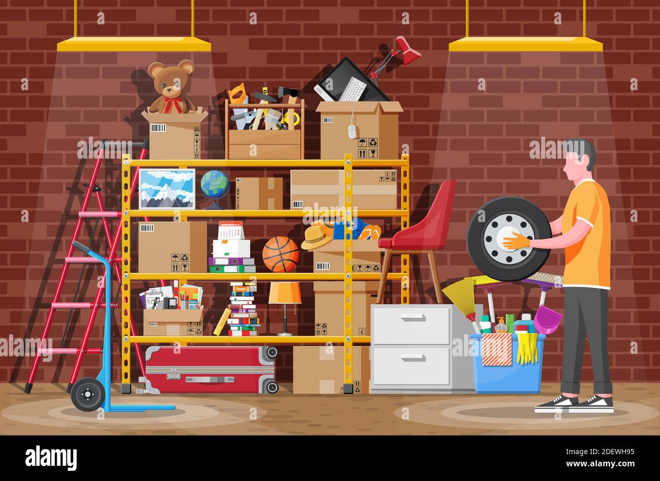 Storeroom or house cellar interior. Modern storage room. Metal shelves ...