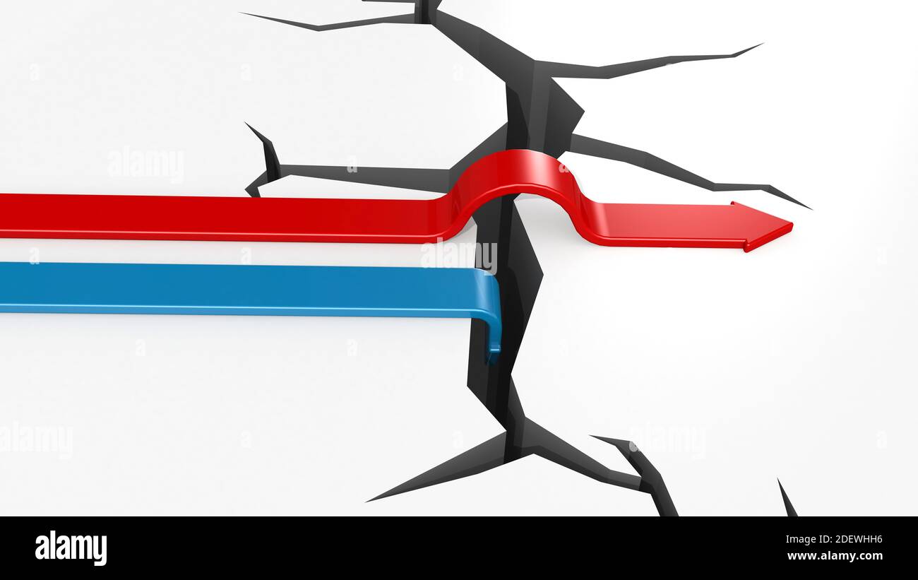 Red arrow cross over the crack ground, 3d rendering Stock Photo - Alamy