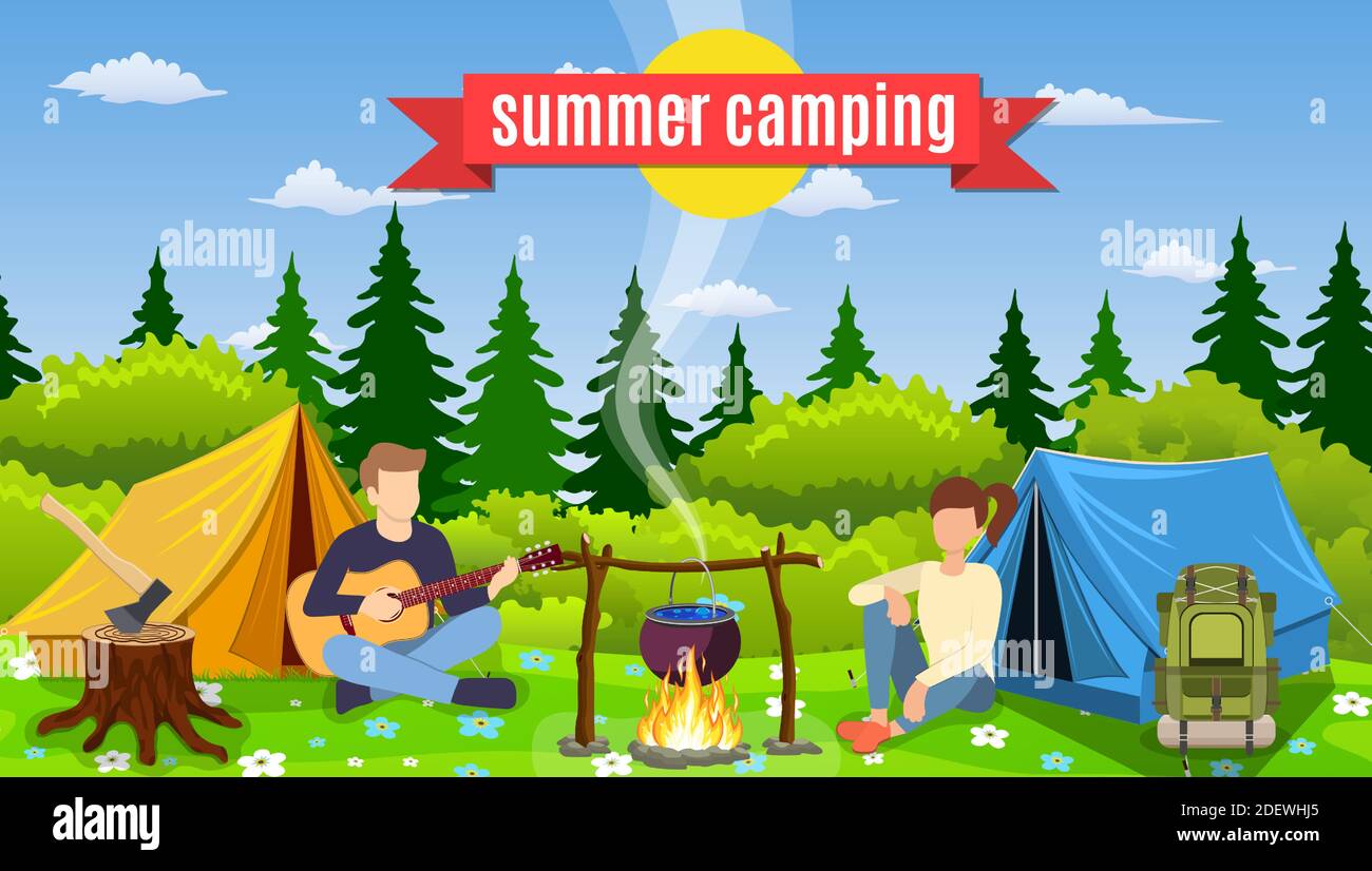 Group of young people are sitting around campfire Stock Vector Image ...