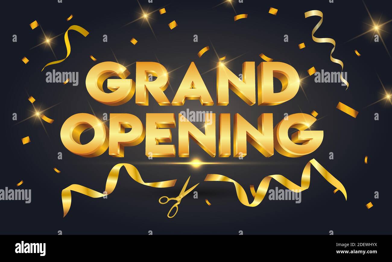 Grand opening golden text with gold scissors cutting gold ribbon on ...