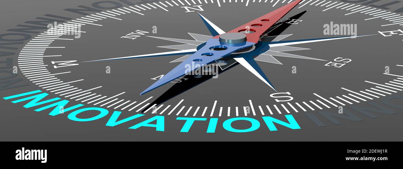 Word innovation on compass with blue and red needle, 3D rendering Stock ...