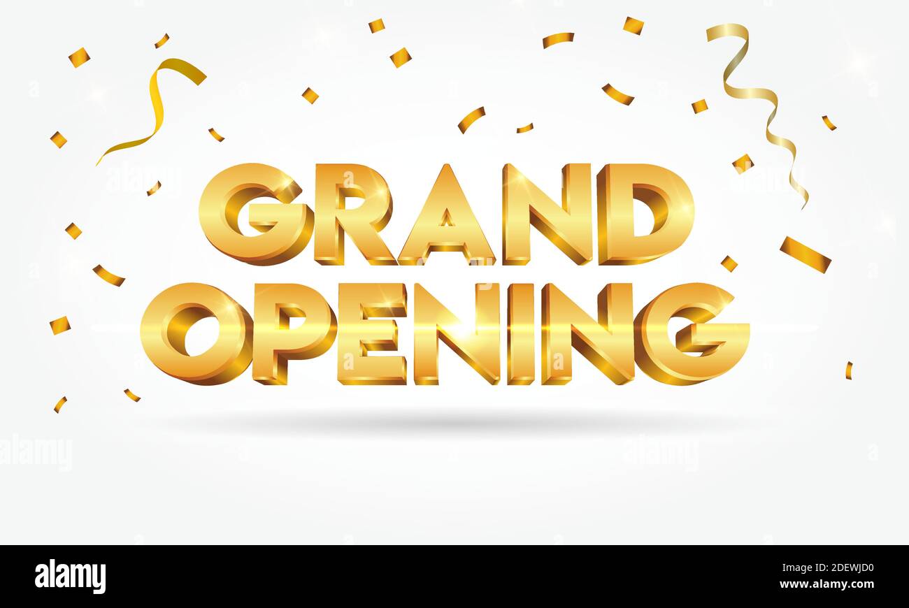 Grand opening shinny gold text with confetti isolated on white ...
