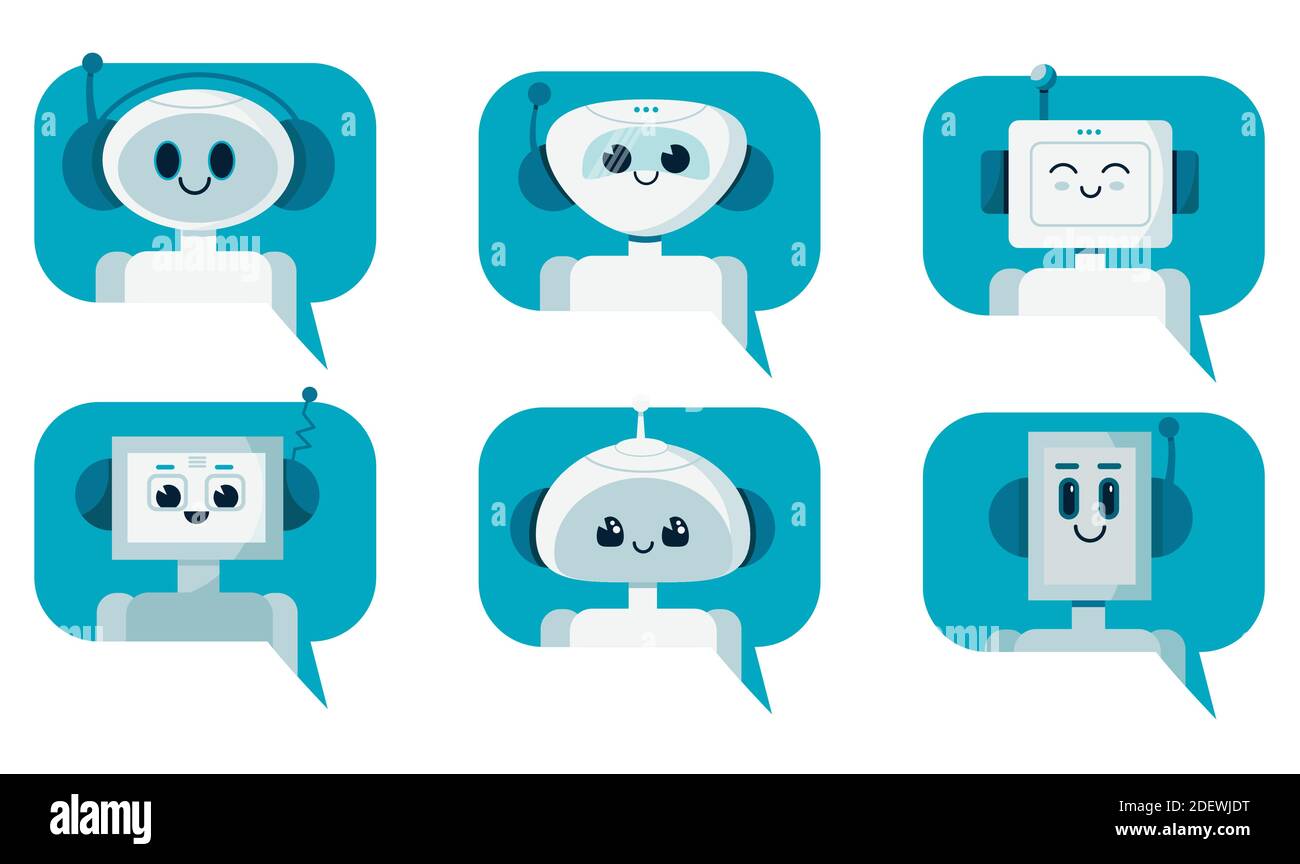 Set of smiling cute robot chatbots in a speech bubble. Support service ...