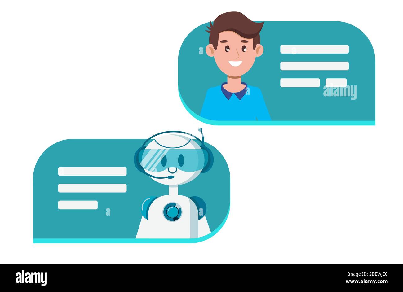 Chatbot Concept A Man Is Chatting With A Cute Smiling Robot