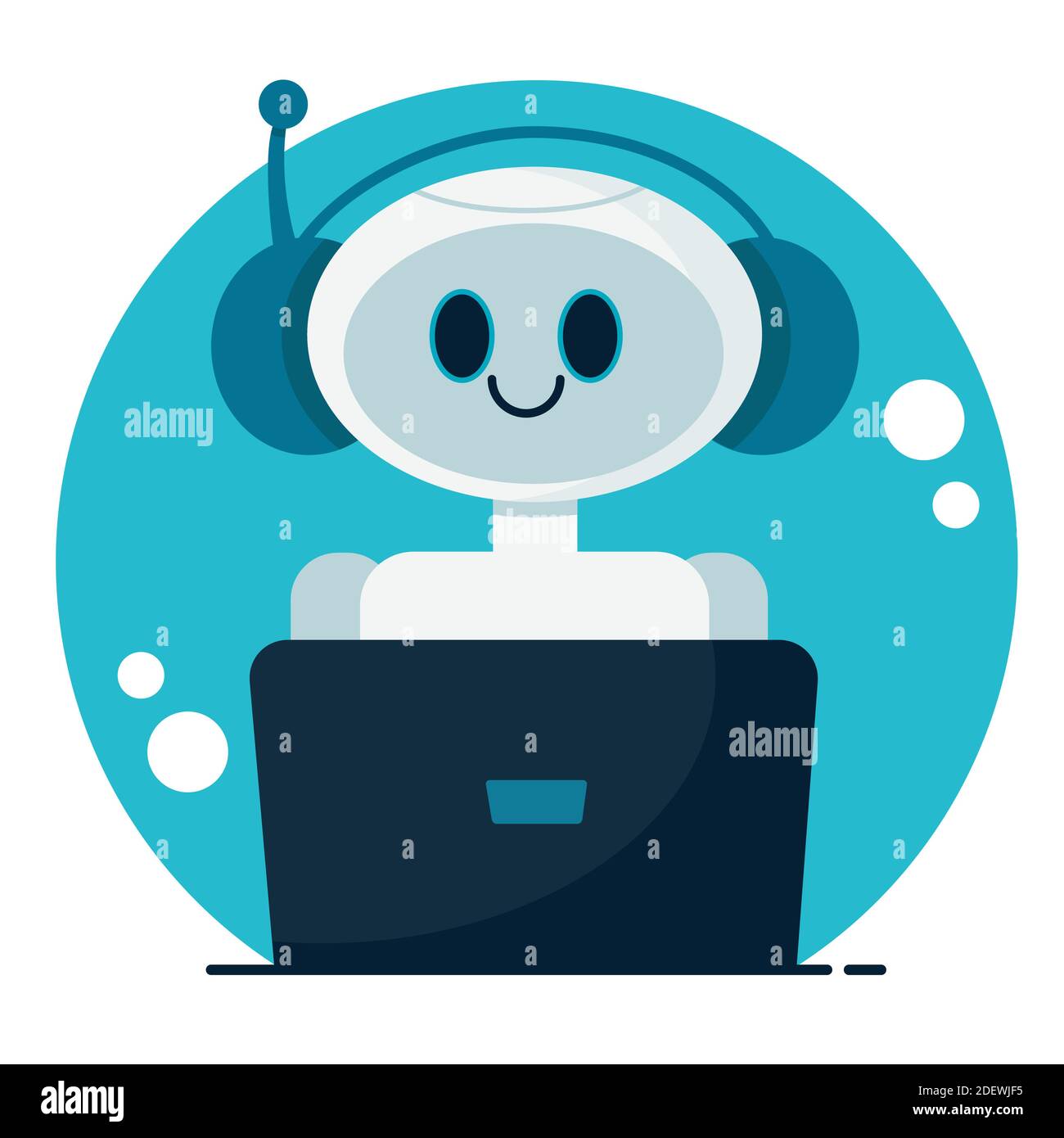 Smiling cute robot chat bot. Support service concept. Vector cartoon flat illustration isolated ...