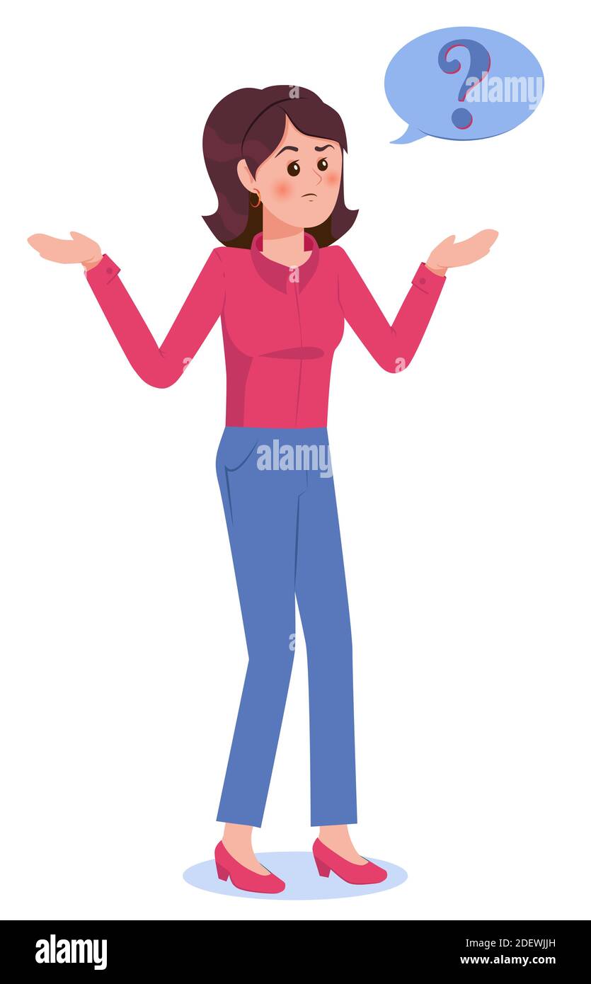 Girl with question mark in think bubble. Young troubled woman. People ...