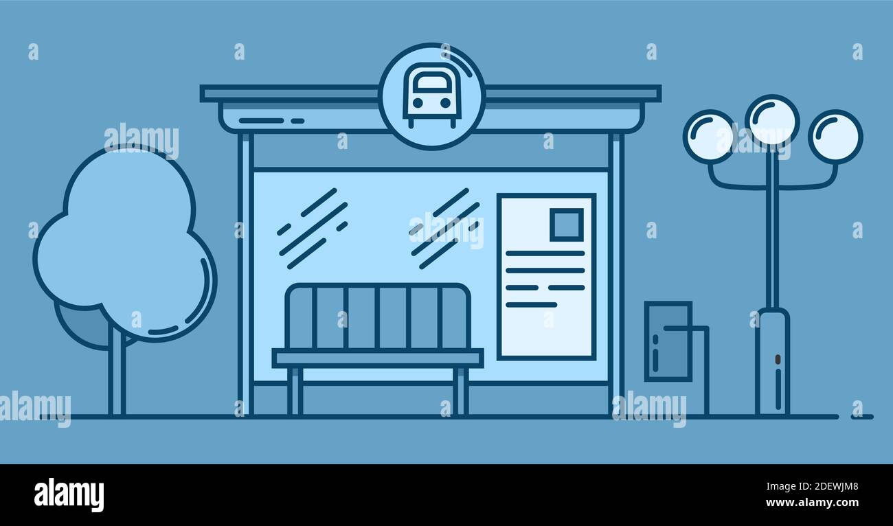 Bus stop vector line art colored illustration. Public transport station ...